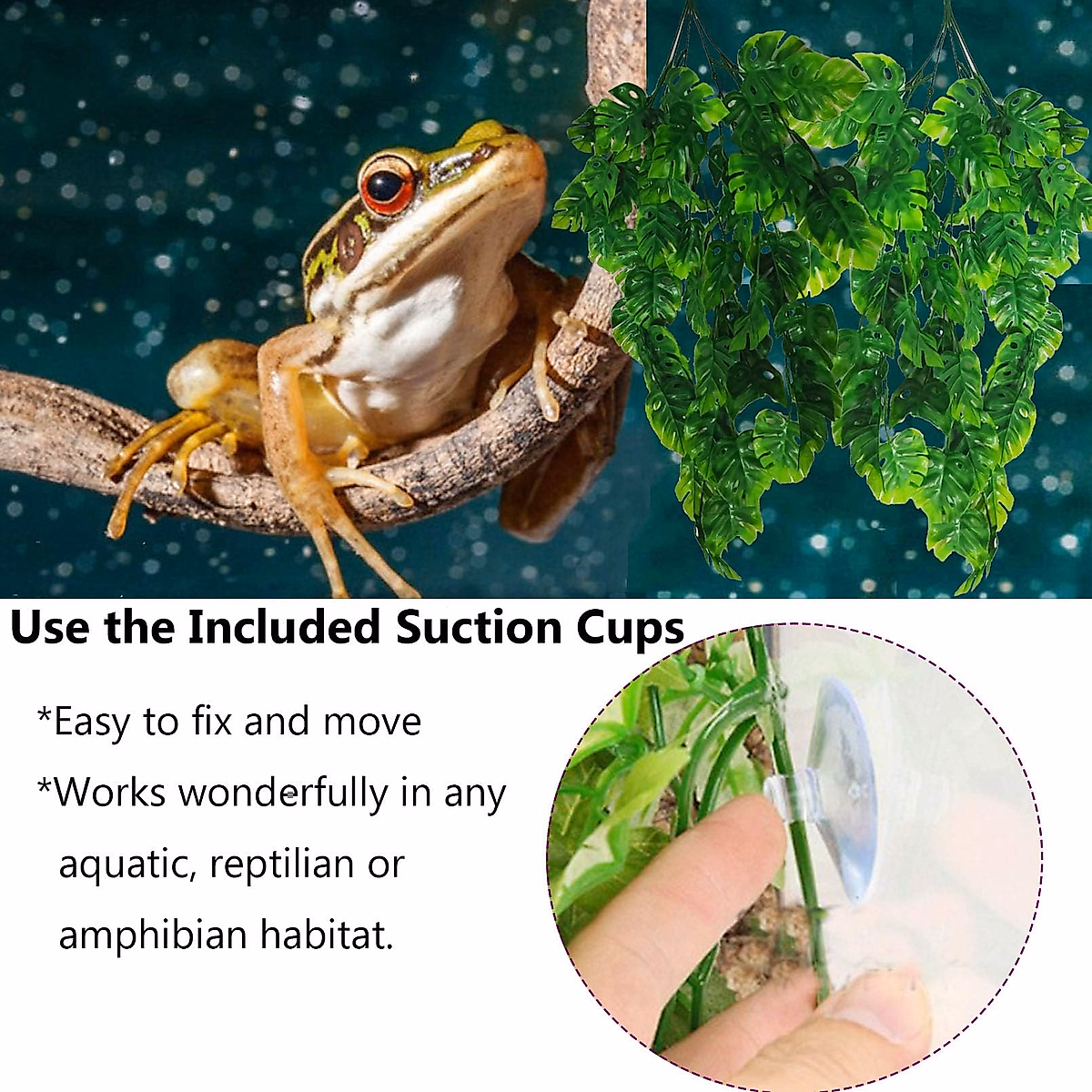 Hamiledyi Fake Plant Reptile Tank Hanging Plants with Suction Cup 3pcs Leaves Vines for Reptile Tank Bearded Dragons,Lizards,Geckos,Snake and Hermit Crab Tank Habitat Decorations 30 Inches Green