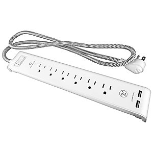 Westinghouse 96021 Strip 6-Outlet 2-USB 900 Joule Surge Protector with Fabric Braided Tangle Free Cord, White