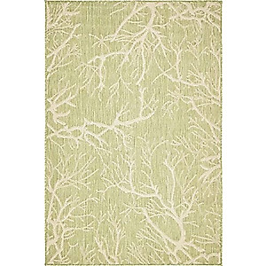 Unique Loom Collection Coastal, Branches, Botanical, Indoor and Outdoor Area Rug, 4 ft x 6 ft, Light Green/Beige