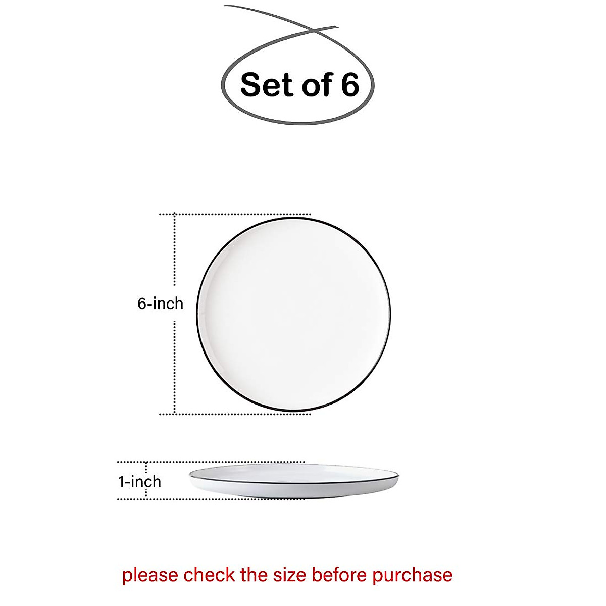 BonNoces 6-inch Small Porcelain Appetizer Plates, White with Black Edges Dinner Side Dishes Serving Plate, Dessert, Salad, Snacks Plate, Set of 6