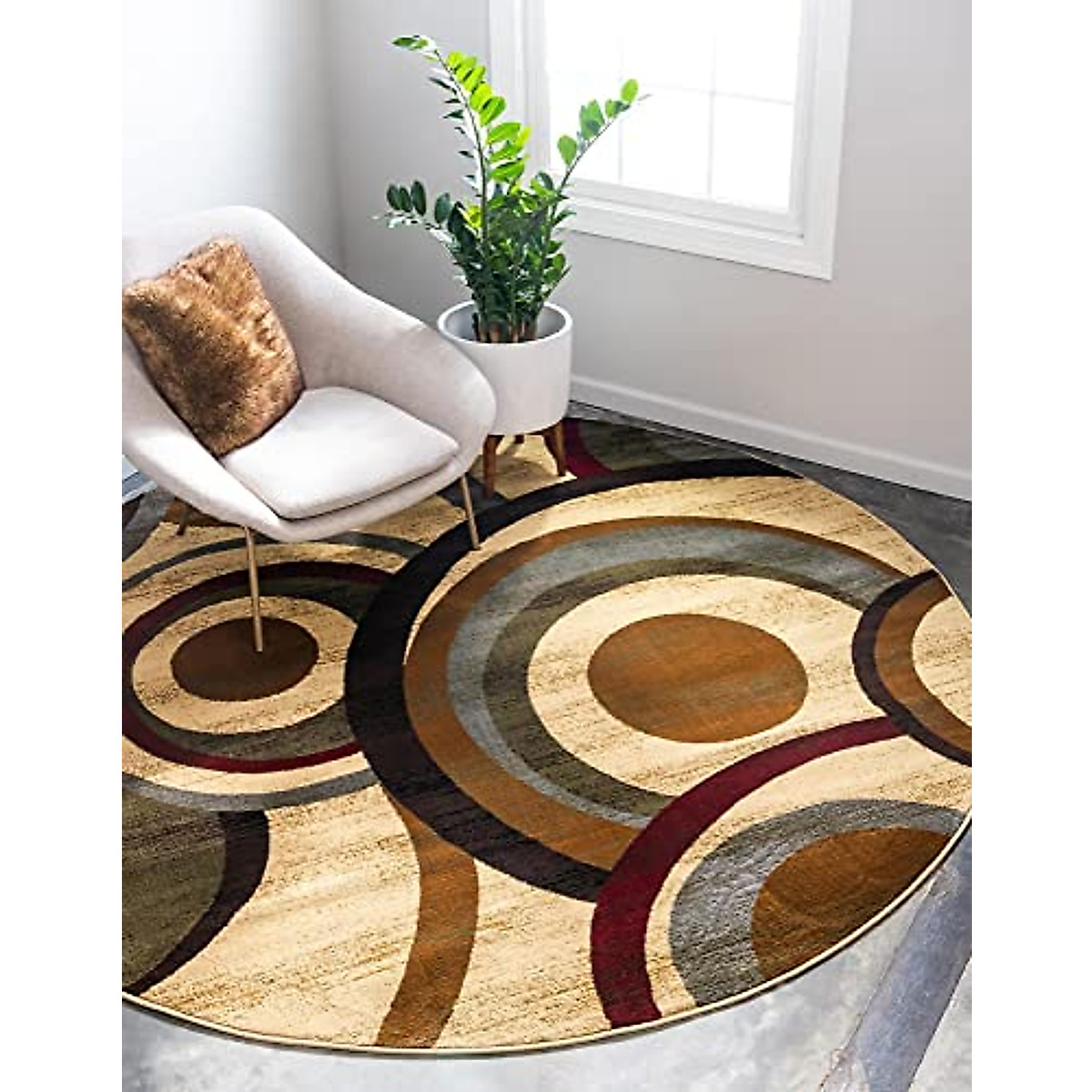 Unique Loom Barista Collection Modern, Abstract, Geometric, Circles, Bohemian, Rustic, Warm Colors Area Rug, 4' 0" x 4' 0", Beige/Brown