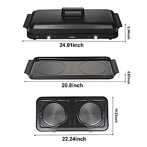 AEWHALE Portable Double Electric Burner with Removable Cast Aluminium Griddle Pan Non-stick,1800 W Hot Plate for Cooking, Independent Temperature Control for Family Party