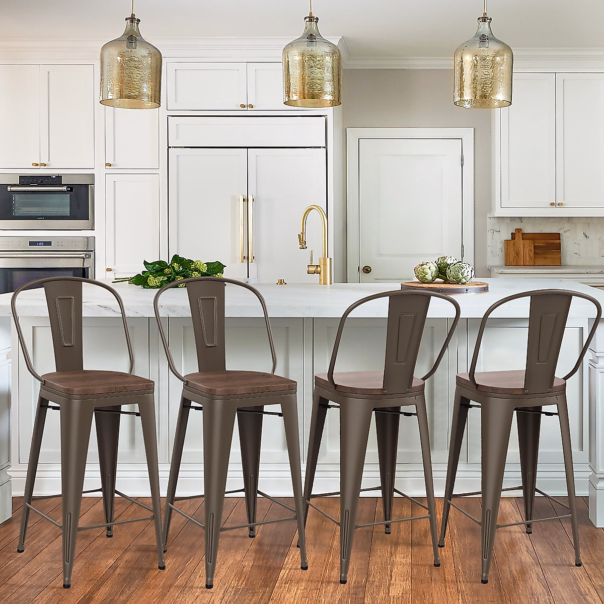 Yongqiang 26 inch Bar Stools Set of 4 Kitchen Counter Height Bar Chairs High Back Metal Barstools with Large Wooden Seat Industrial Rusty