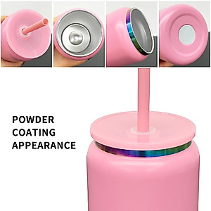 Glass Cups with Lids and Straws, 16 oz Stainless Steel Cups, Insulated Skinny Tumbler, Powder Coated Travel Mugs for Laser Engrave, Iced Coffee Cup for Smoothie Water DIY Gift (Pink,1 pack)