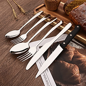 Flatware Set For 4 With Steak Knives, Uniturcky 24 Pcs 304 (18/8) Stainless Steel Silverware Cutlery Utensils Sets, Mirror Finished Forks Spoons and Knives Set, Dishwasher Safe