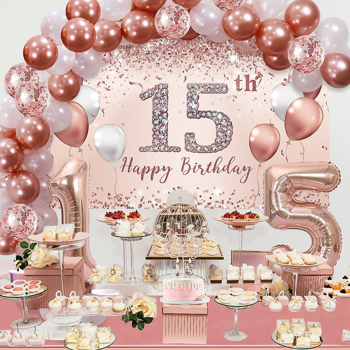 Trgowaul 15th Birthday Decorations Balloon Set Women's Arch, Rose Gold 15th Birthday Banner and Party Tablecloth, Belt and Tiara, Pink Gold 15th Balloon, Pink Birthday Cake Top, Latex Balloon * 60