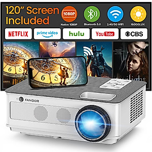 Native 1080P Projector 5G WiFi and Bluetooth, FANGOR 350 ANSI Outdoor Projector 4K Support, Home Movie Projector Compatible with TV, PC, HDMI, USB, VGA, iOS/Android[120''Screen Included]