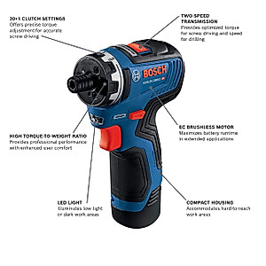 BOSCH GSR12V-300HXB22 12V Max Brushless 1/4 In. Hex Two-Speed Screwdriver Kit with (2) 2.0 Ah Batteries