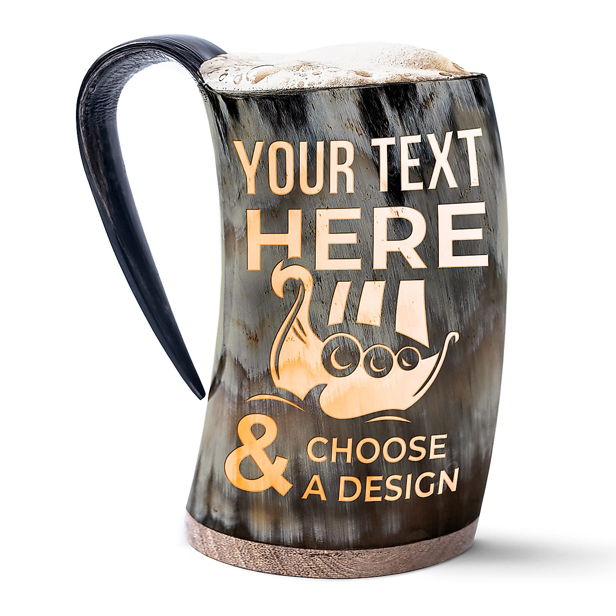 Norse Tradesman Personalized Engraved Viking Drinking Horn Mug - Holiday Themed Designs and Submit Your Text for Engraving - Multiple Tankard Sizes & Engraving Options