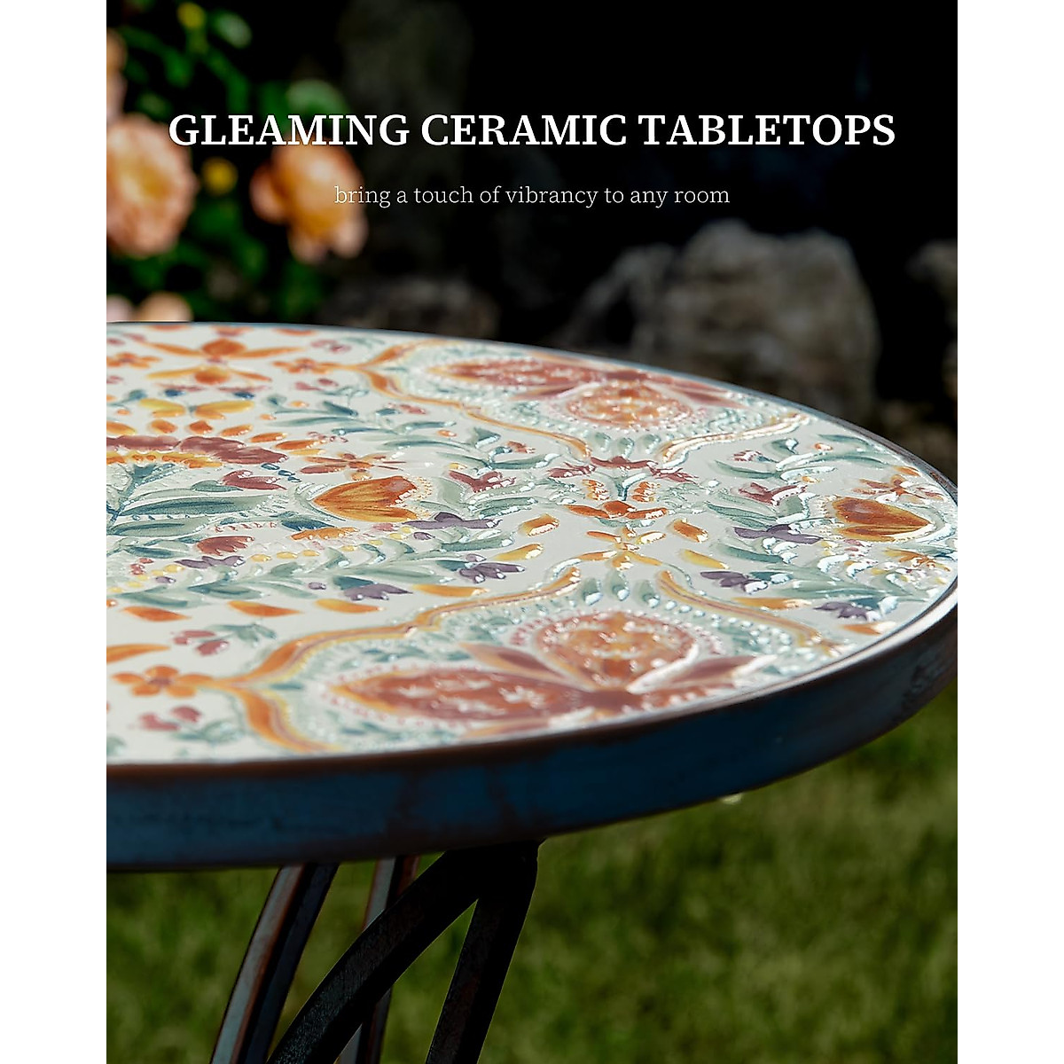 Frstem Mosaic Patio Table and Plant Stand, Outdoor Side Table for Patio with 14" Ceramic Tile Top, Weather Resistant Metal Round End Table Accent Table for Yard Porch Balcony Garden Bedside, Blossom