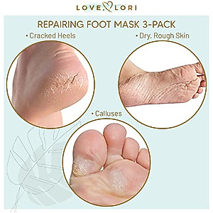 LOVE, LORI Foot Mask Moisturizing 3 Pairs Ultra Hydrating Foot Mask for Dry Cracked Feet, (NON-PEEL) with Hyaluronic Acid, Shea Butter & Coconut Oil – Great Self Care Gifts for Women & Men
