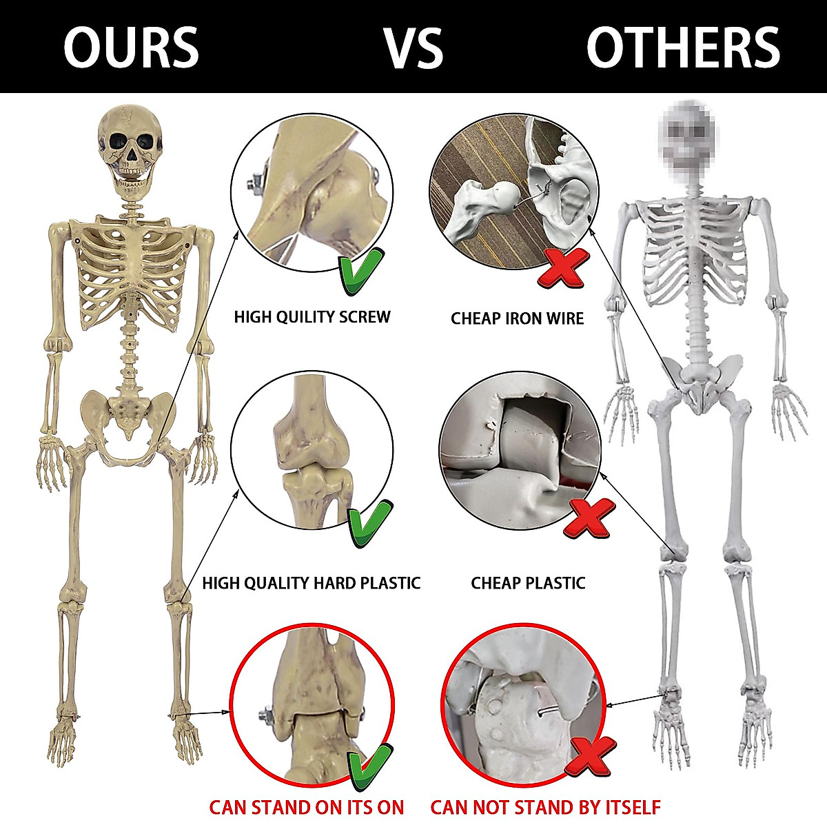 HBSTK 5.5Ft/65 Inches /165cm Pose-N-Stay Halloween Skeleton Life Size Full Body Posable Movable Jonints with 200sqft Strech Cobweb and 50 Small Fake Spiders for Halloween Decoration Decor