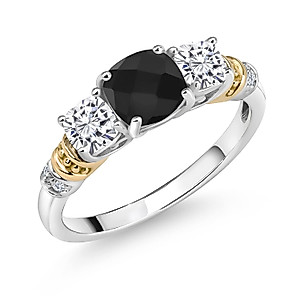 Gem Stone King 925 Silver and 10K Yellow Gold Black Onyx White Moissanite and Diamond 3-Stone Ring For Women (1.59 Cttw, Cushion Checkerboard 6MM and 4MM) (Size 9)