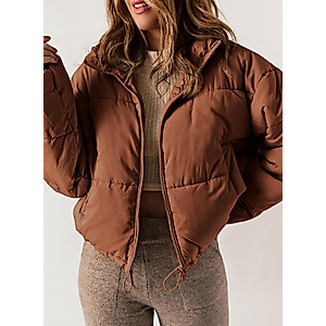 Dokotoo Women's Winter Bomber Puffer Jacket with Zipper, Drawstring Hem, and Pockets - Medium Orange