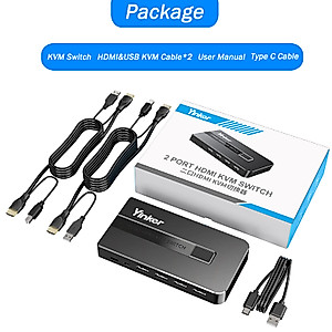 4K HDMI KVM Switch 2 Port, 4K@60Hz USB KVM Switch for 2 Computers 1 Monitor, w/2 KVM Cables & Wired Selector & 4 USB 2.0 Hubs