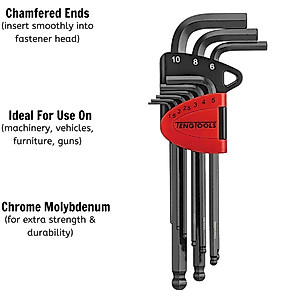 Teng Tools 9 Piece Metric Industrial Chrome Molybdenum Ball Point Hex Key/Allen Wrench Set - 1499MM, Silver
