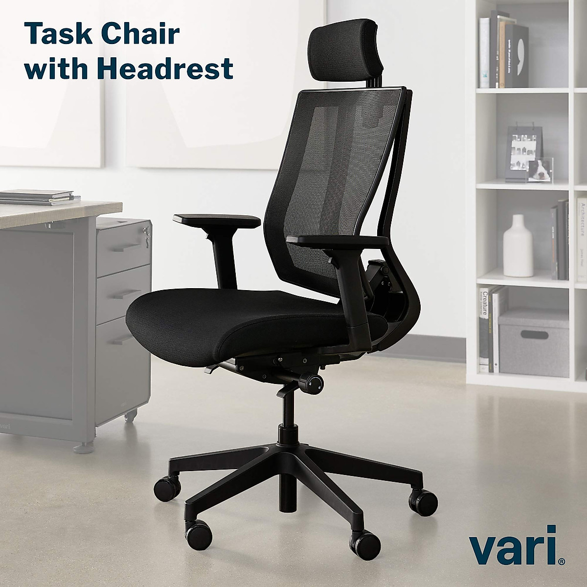 Vari Task Chair with Headrest (VariDesk) - Adjustable Height Computer Chair With Armrests & Casters - Breathable Mesh Desk Chair w/Maximum Lumbar Support - Easy Assembly Ergonomic Office Chair (Black)