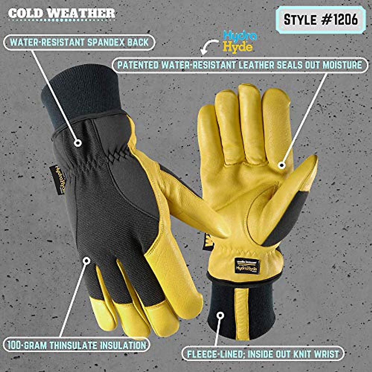Men's Insulated HydraHyde Water-Resistant Leather Palm Winter Work Gloves, Large (Wells Lamont 1206)