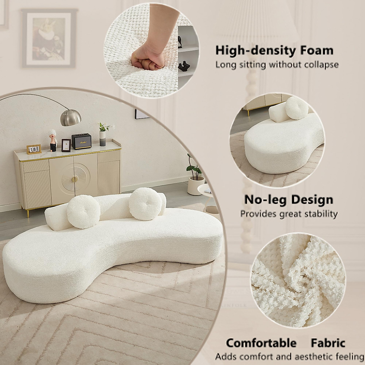 Cloud Couch Sofa,105.5''Curved Sofa, Modern Minimalist Sofa,3-4 Seater Couch with 2 Pillows,Bedroom, No Assembly Required, Point-Shaped Corduroy White