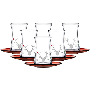 Turkish Tea Set, Turkish Tea Cups, Saucers and Tea Spoons, 6 Glasses, 6 Saucers and 6 Stainless Steel Spoons (18 Pieces), Set For 6 (Christmas)