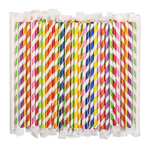[300 Pcs] Biodegradable Individually Wrapped Paper Straws - Disposable Colorful Eco-Friendly Paper Drinking Straws(7.75"longX0.25"diameter)