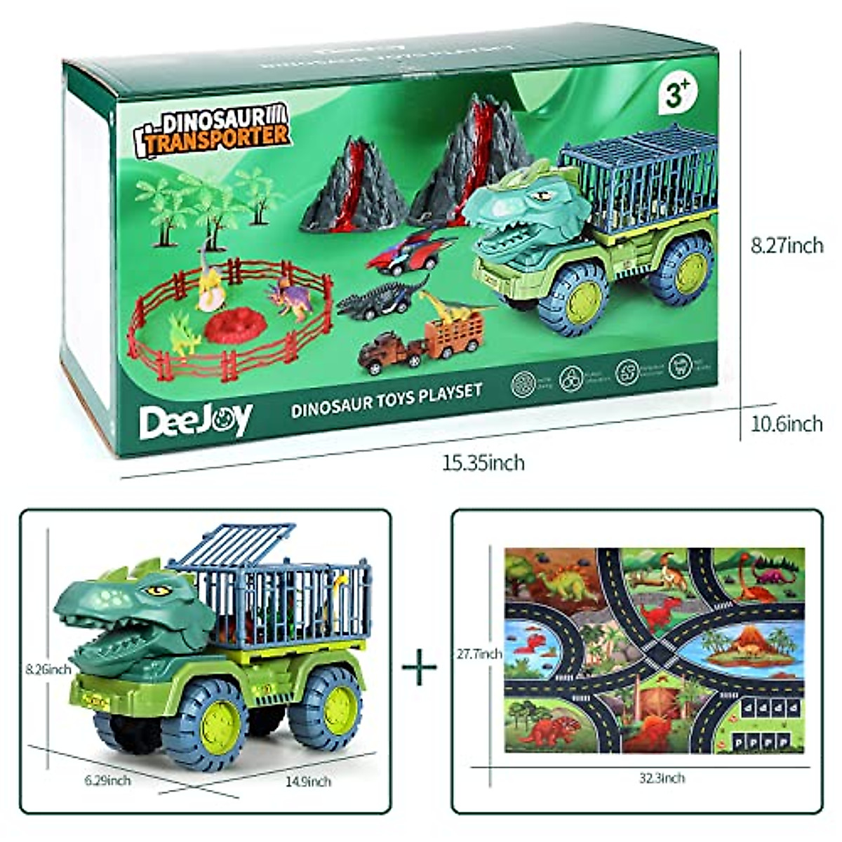 Deejoy Toy Truck, Dinosaur Transport Car with Dinosaur Toys, Dinosaur Pull Back car, Play mat, Dinosaur Identification Cards, Dinosaur Playset Birthday Gift for Kids Boys Grils 3 4 5 6 7