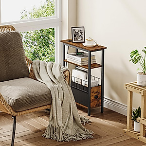 Snughome Narrow Side Table with Charging Station, Slim End Table for Small Spaces, 3 Tier Skinny Nightstand with Drawer, Sofa Beside Table with Storage Shelf for Living Room Bedroom