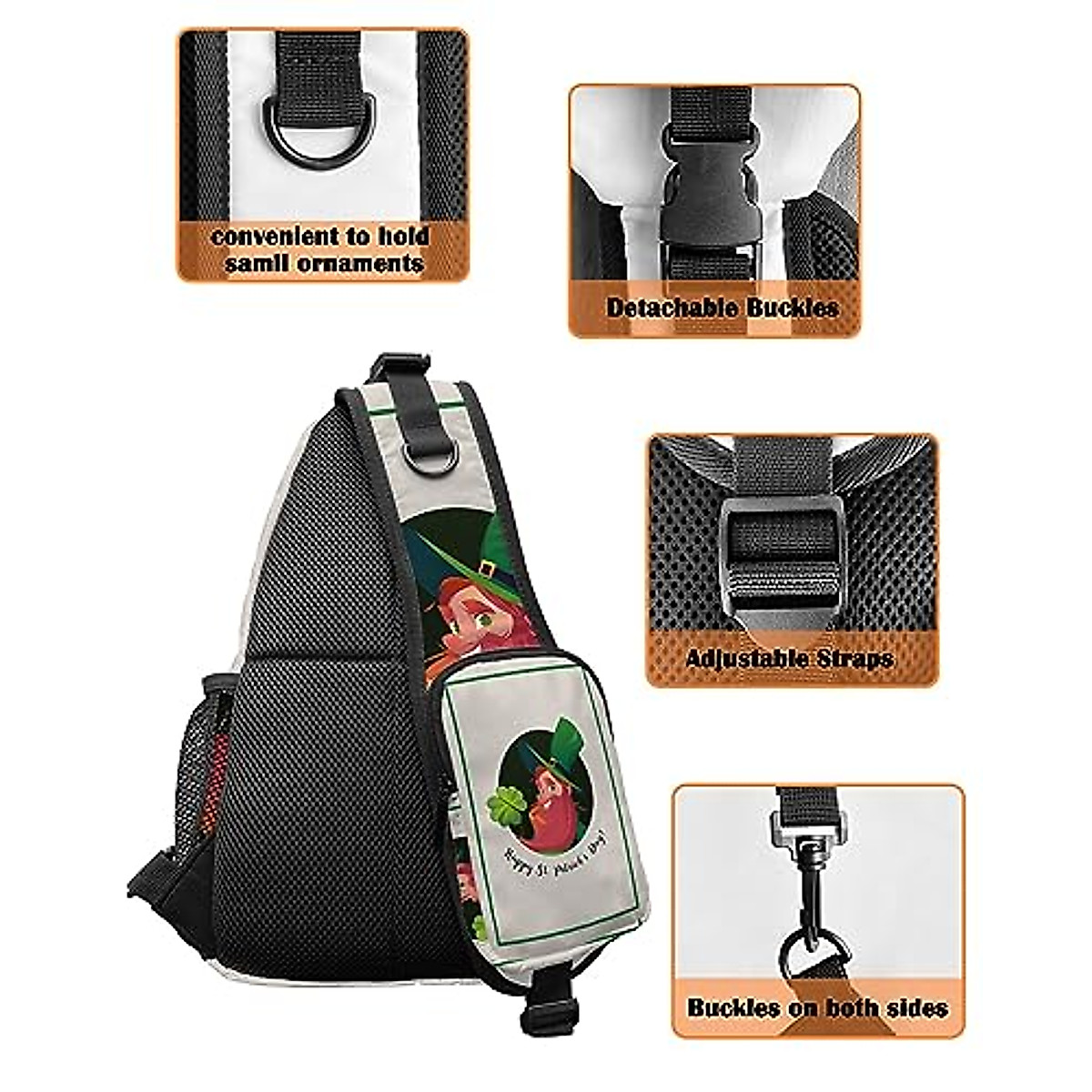 Sling Backpack, St.Patrick's Day Shamrocks Gnome Black Green Border Linen Waterproof Lightweight Small Sling Bag, Travel Chest Bag Crossbody Shoulder Bag Hiking Daypack for Women Men