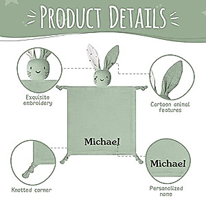 TYRY.HU Personalized Security Blanket with Name, Embroidered Baby Comforter, Organic Cotton Muslin Lovey Security Blanket, Soft & Breathable Lovie Baby Gifts for Boys and Girls, Green