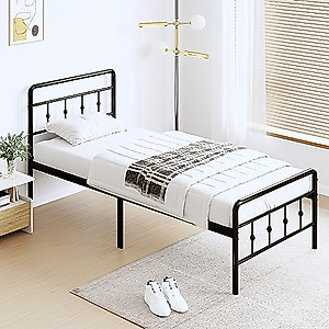 DiaOutro Classic Metal Platform Twin Bed Frames with Headboard and Footboard, 16 Inch No Box Spring Needed Heavy Duty Victorian Style Iron-Art Mattress Foundation/Under Bed Storage