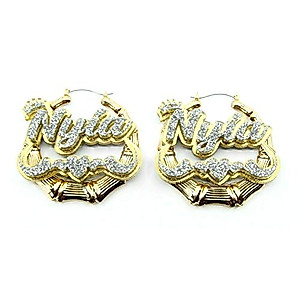 Personalized Custom Gold Hoop Bamboo Earrings Name Plate Laser Cut Design Stunning Look - Quality, Attractive Gold Hoop Earrings With Swirls Heart and Crown on Top, Made To Order - 2.5 INCHES size