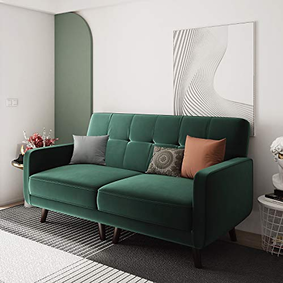 HONBAY Velvet Fabric Loveseat Sofa Tufted 2-Seats Sofa with Wood Legs Upholstered Loveseats for Small Space, Emerald Green