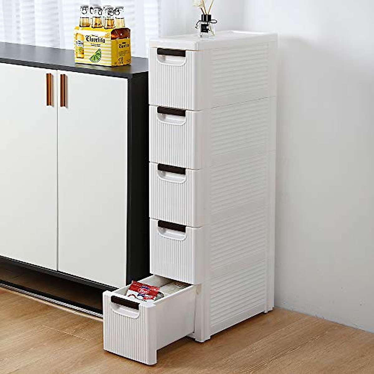 5 Storage Drawer Rolling Cart Organizer and Storage,Plastic Unit on Wheels Narrow Slim Bathroom Storage Cabinet Organizer (5-Tire)