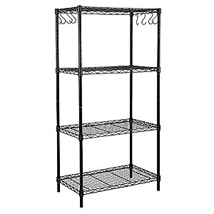 EFINE 4-Shelf Shelving Unit with 8 Hooks, Adjustable, Carbon Steel Wire Shelves, 150lbs Loading Capacity Per Shelf, Units and Storage for Kitchen Garage (23.6W x 14D 47H) Black, S100-4B, 1-Pack