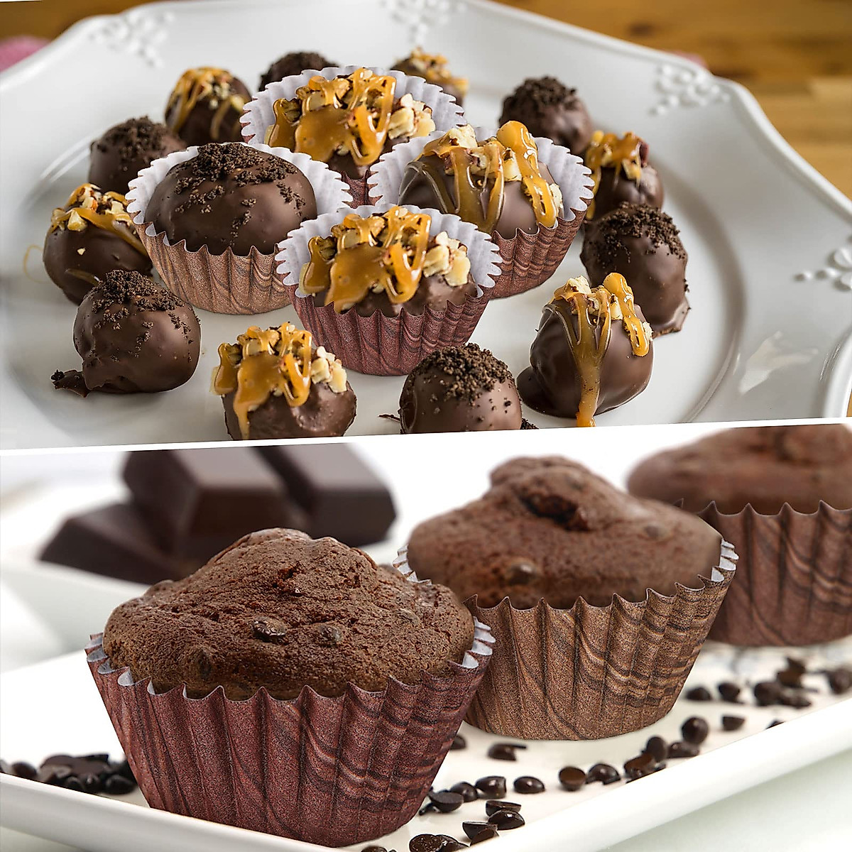 600 Counts Woodgrain Candy Cups Mini Cupcake Liner Cupcake Wood Grain Wrappers Woodland Animal Cupcake Baking Paper Muffin Baking Liners Holders for Baby Shower Weddings Birthday Party Decor, 3 Styles