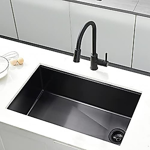 33 Black Undermount Workstation Kitchen Sink, Scamall 33 X 19 X 10 Inches 16 Gauge Nano Black Stainless Steel Single Bowl Workstation Kitchen Sink With Offset Drain SML006SBG