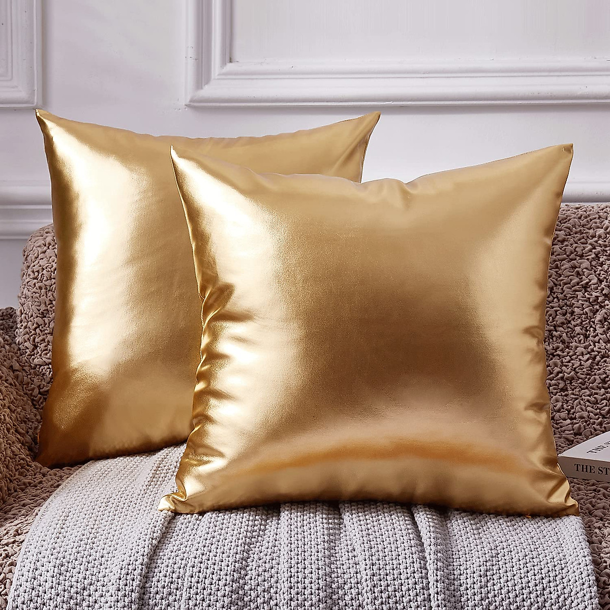 EUCIOR Decorative Pillow - 18x18 Gold Metallic Shiny Cushion Cover, Modern Throw Pillows for Bed, Couch, Sofa