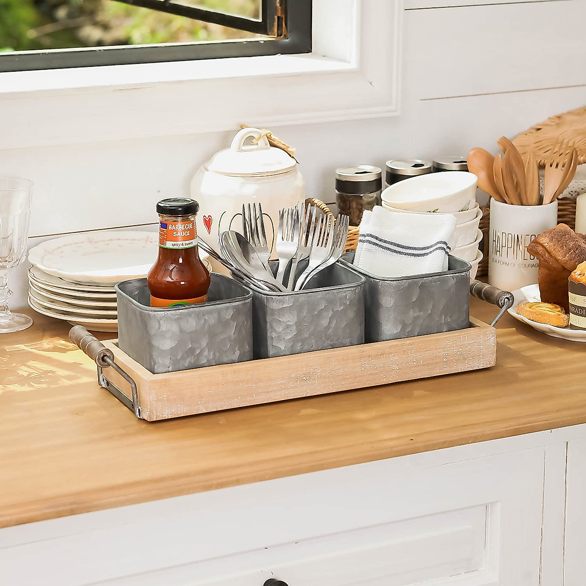 NIKKY HOME Farmhouse 3 Compartment Galvanized Flatware Cutlery Caddy Kitchen Countertop Silverware Holder for Spoons, Knives, Forks - Silver