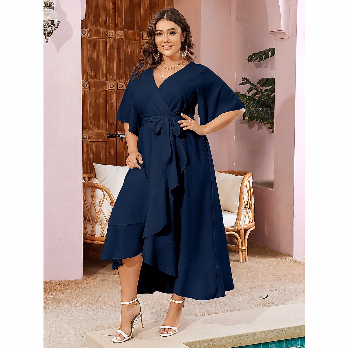 SCOMCHIC Women Plus Size Maxi Dress Short Sleeve Wrap V Neck High Low Split Ruffle Long Dress Navy Blue