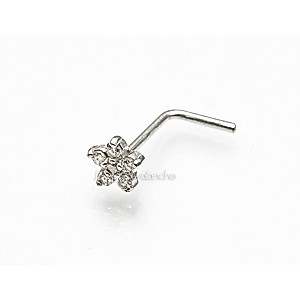 20G 14K White Gold Diamond L-shape Nose Stud - Flower Setting nose Ring - April Birthstone - FLWD-LSWG