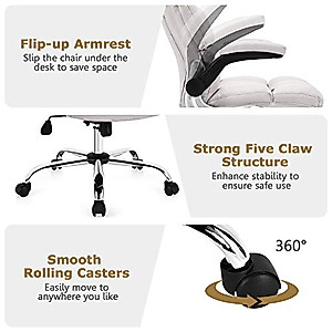 Giantex Executive Office Chair, Big and Tall Ergonomic Computer Chair, Adjustable Tilt Angle and Flip-up Armrest Linen Fabric Upholstered Chair with Thick Padding, High Back Managerial Chair (Beige)