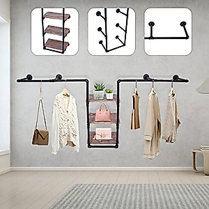VPABES Wall Mounted Clothing Storage Rack 3 Tiers Industrial Pipe Rustic Garment Hanging Bar Space-Saving Wooden Shelves Book Plant Retail Display Shelf for Boutique Store