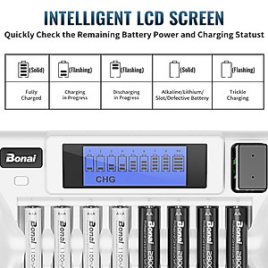 BONAI 8+1 Bay Battery Charger with LCD Display for AA AAA NiMH NiCd 9V Rechargeable Batteries with 9V Lithium Rechargeable Batteries 600mAh High Capacity Long-Lasting & Economical 4 Pack