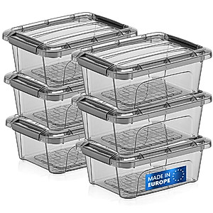 Tribello Small Storage Container Bin With Lids, 1.25Q Mini Plastic Storage Container With Latching Lids For Organizing - Tinted - (8’ x 6” x 3”) 1.25 Quart - Set of 6 - Made in EU