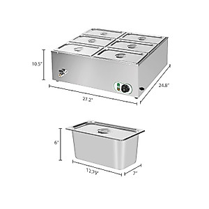 6-Pan Commercial Bain Marie Buffet Food Warmer Large Capacity 42 Quart,110V 1500W Electric Steam Table 6inch Deep Stainless Steel Countertop Food Warmer for Parties, Catering and Restaurants