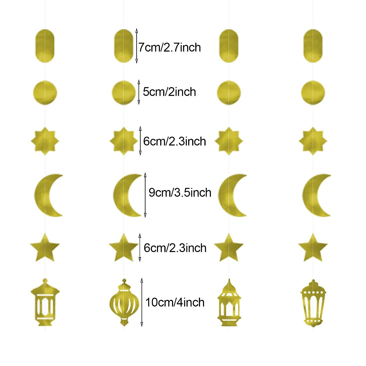 JKQ 4 Strings Gold Ramadan Mubarak Hanging Decorations Moon Star Lantern Muslim Ramadan Kareem Streamer Garlands Islamic Eid Mubarak Festival Celebration Wedding Birthday Party Ceiling Decorations