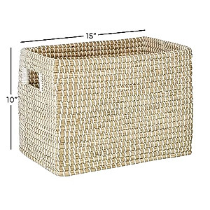CosmoLiving by Cosmopolitan Seagrass Rectangle Storage Basket with Handles, 15" x 11" x 10", Brown