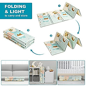 ZHUOKECE Baby Play Mat,Thickened 0.8 inches Foldable Floor Mats for Kids, Extra Large Waterproof Activity Crawling Playmats,Multifunctional Mat with Travel Bag(71" x 79"） (Blue Elephant)