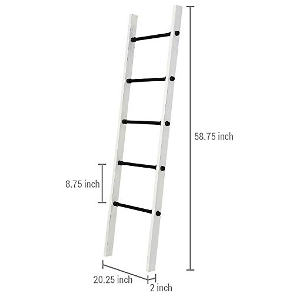 MyGift 5-ft Vintage White Wood Leaning Quilt and Blanket Ladder with Metal Pipe Rungs, Bathroom Towel Storage Rack with 5 Hanging Bars