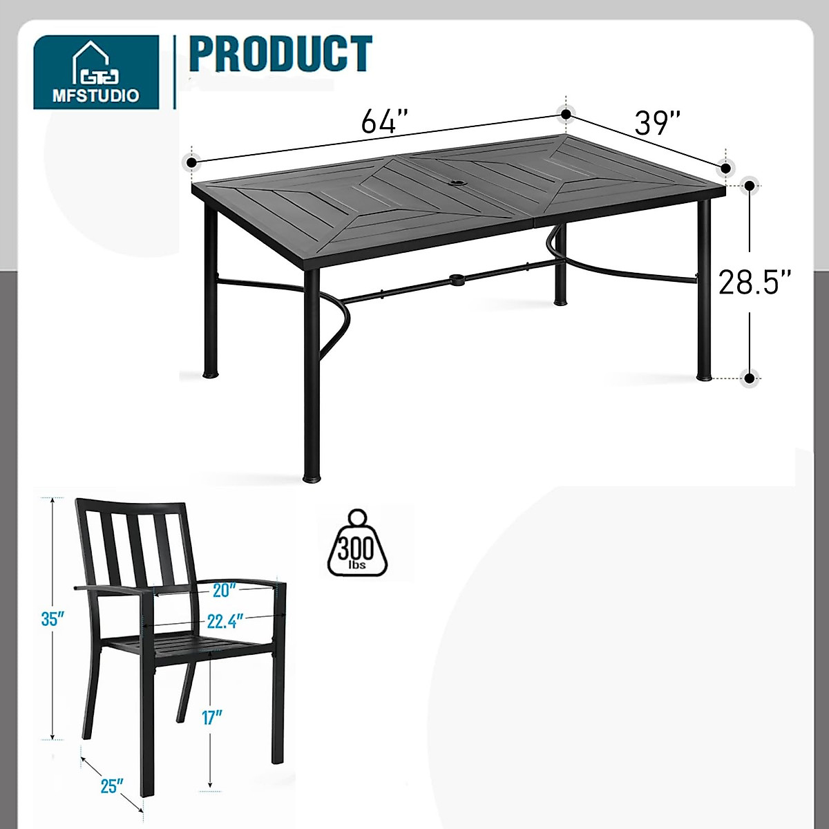 MFSTUDIO 7-Piece Metal Patio Dining Sets with 6 Steel Striped Armrest Chairs and 64" Rectangular Outdoor Dining Table,1.7" Umbrella Hole (Black)